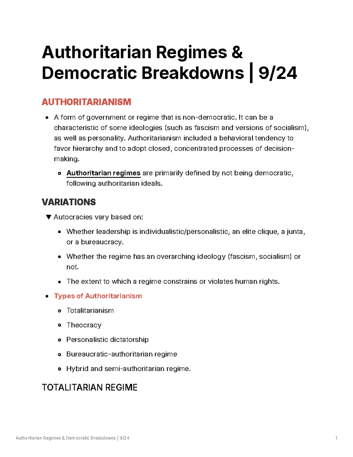 Authoritarian Regimes & Democratic Breakdowns | Lecture Notes (9/24 ...