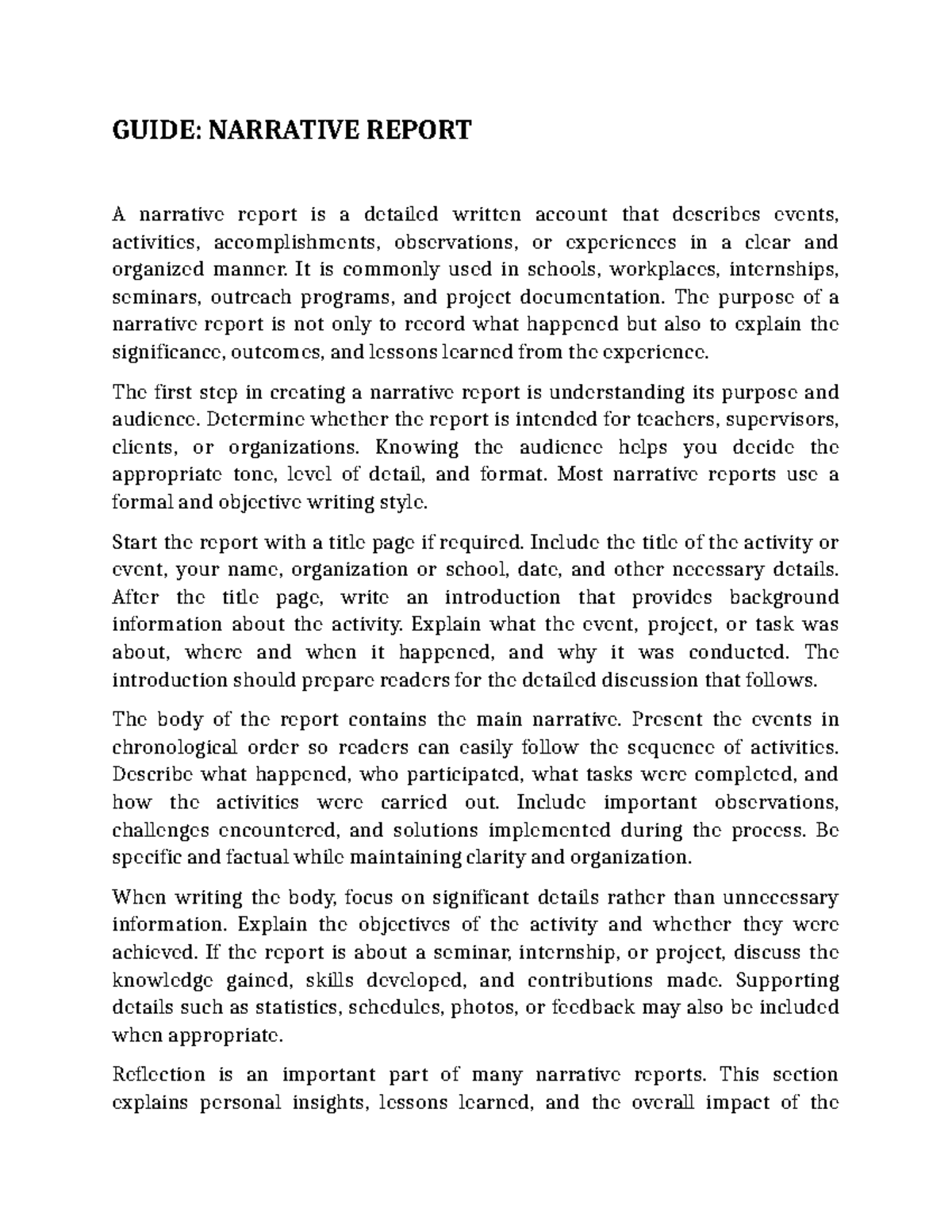 GUIDE: NARRATIVE REPORT - Structure & Key Elements - Studocu