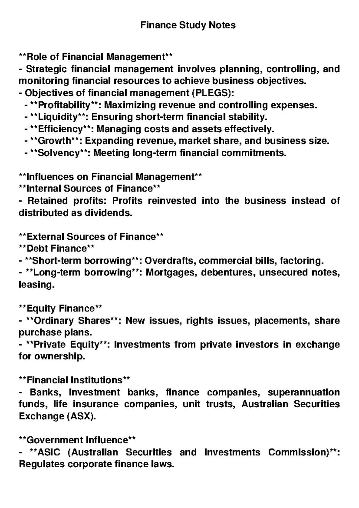 Finance Study Notes - Finance Study Notes Role of Financial Management ...