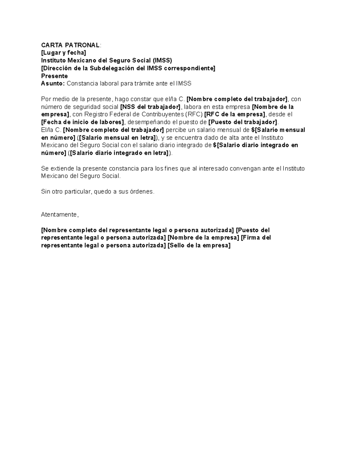 Carta patronal para trámite ante el IMSS - INF - Studocu