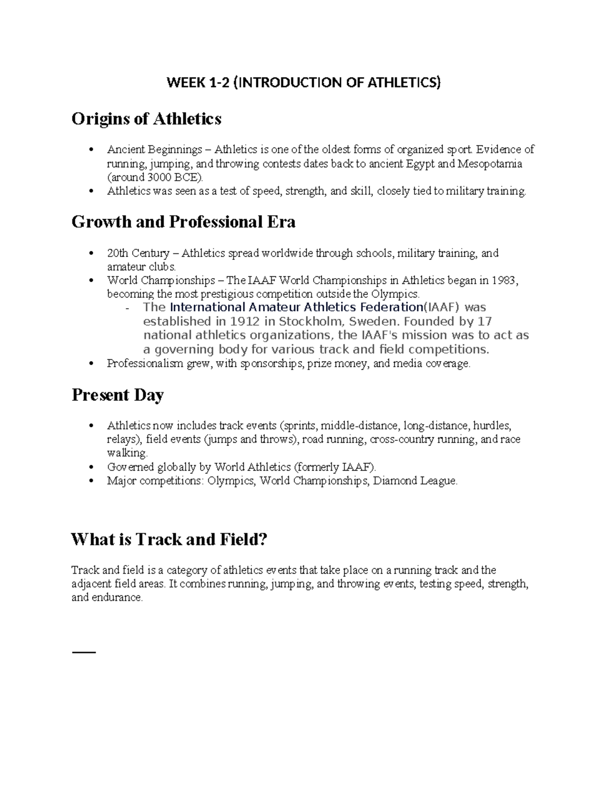 WEEK (ATH 101) Introduction to Athletics: History and Events - Studocu