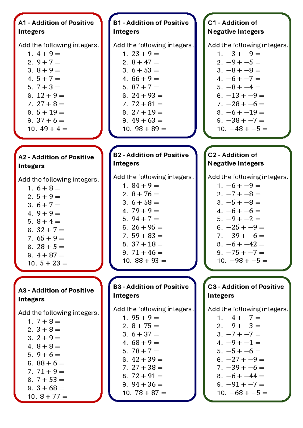 A1-A3 Addition, Subtraction, and Multiplication of Integers - Studocu