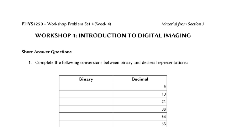 PHYS1250 Workshop Problem Set 4: Digital Imaging Questions - Studocu
