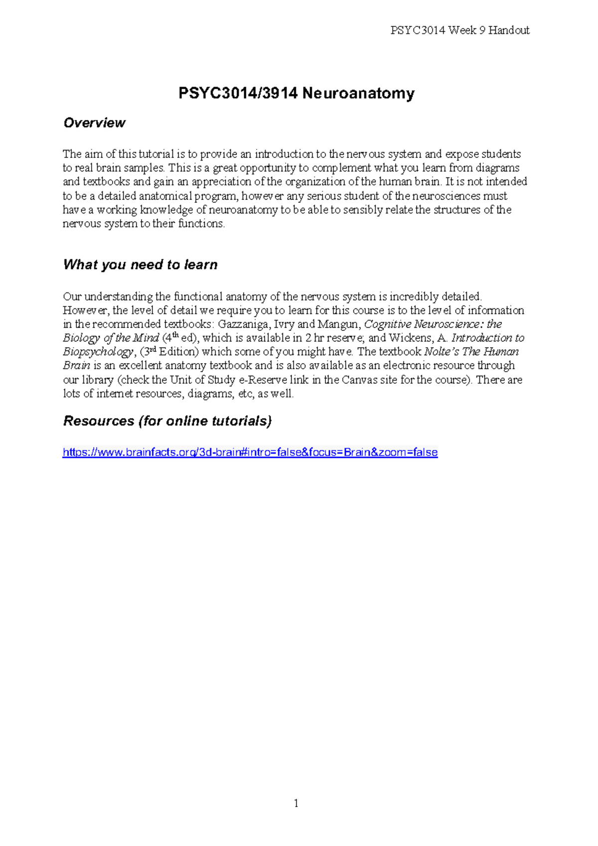 PSYC3014 Neuroanatomy Lab Student Worksheet & Overview 2024 - Studocu