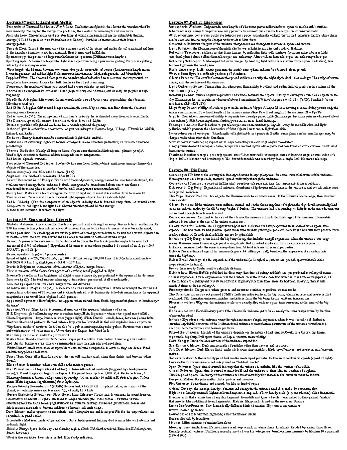 Astro 101 Final Exam Cheat Sheet: Light, Matter, and Telescopes - Studocu
