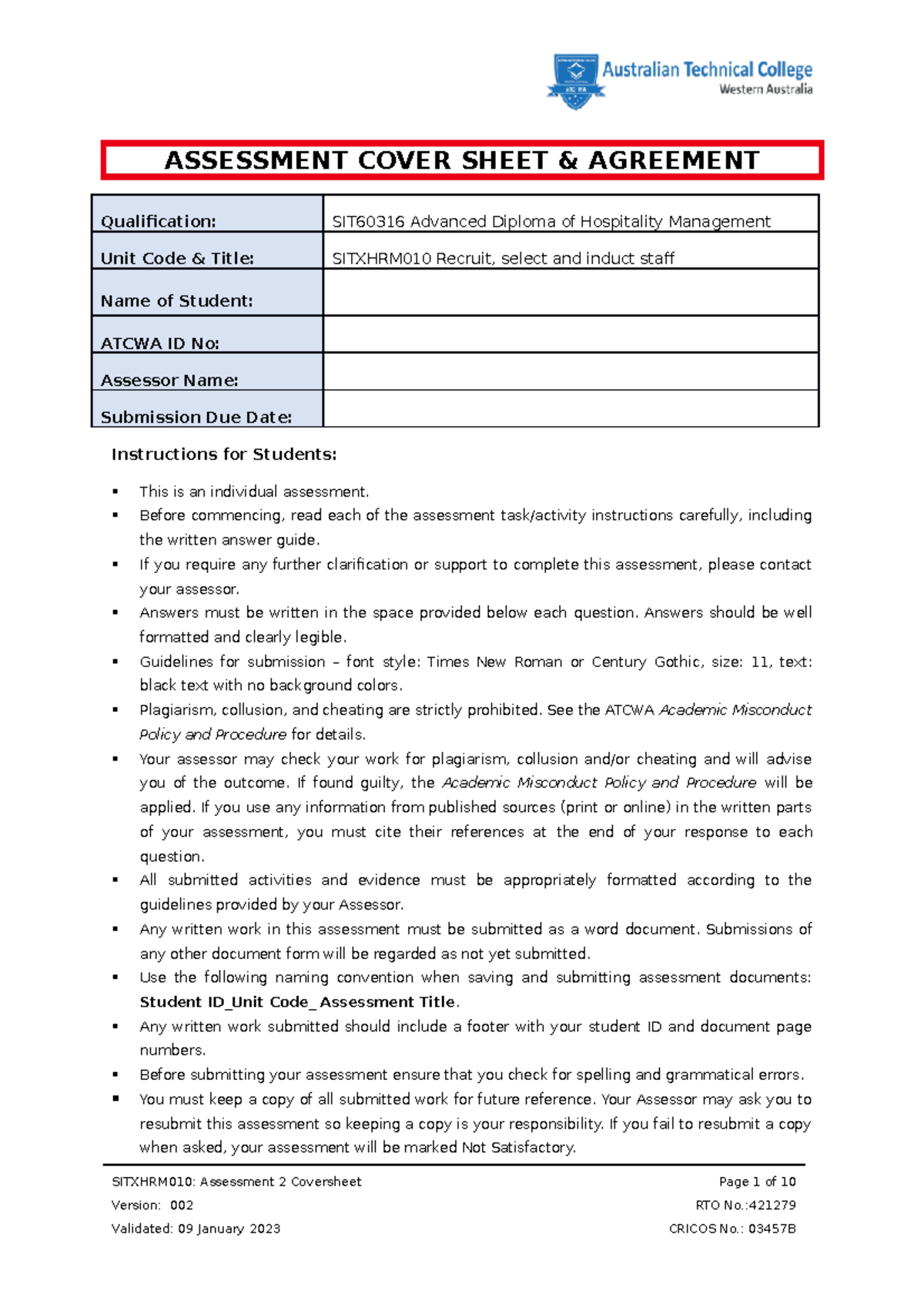 SITXHRM010 Assessment 2: Recruitment and Induction Cover Sheet - Studocu