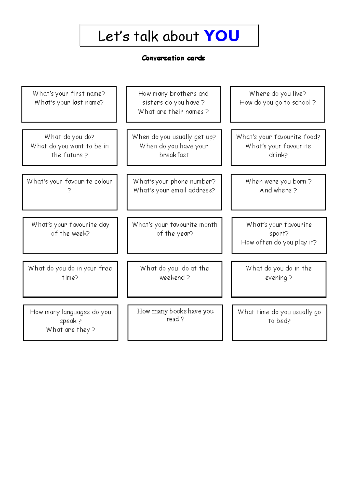 YOU Conversation Cards: Personal Questions & Answers - Studocu