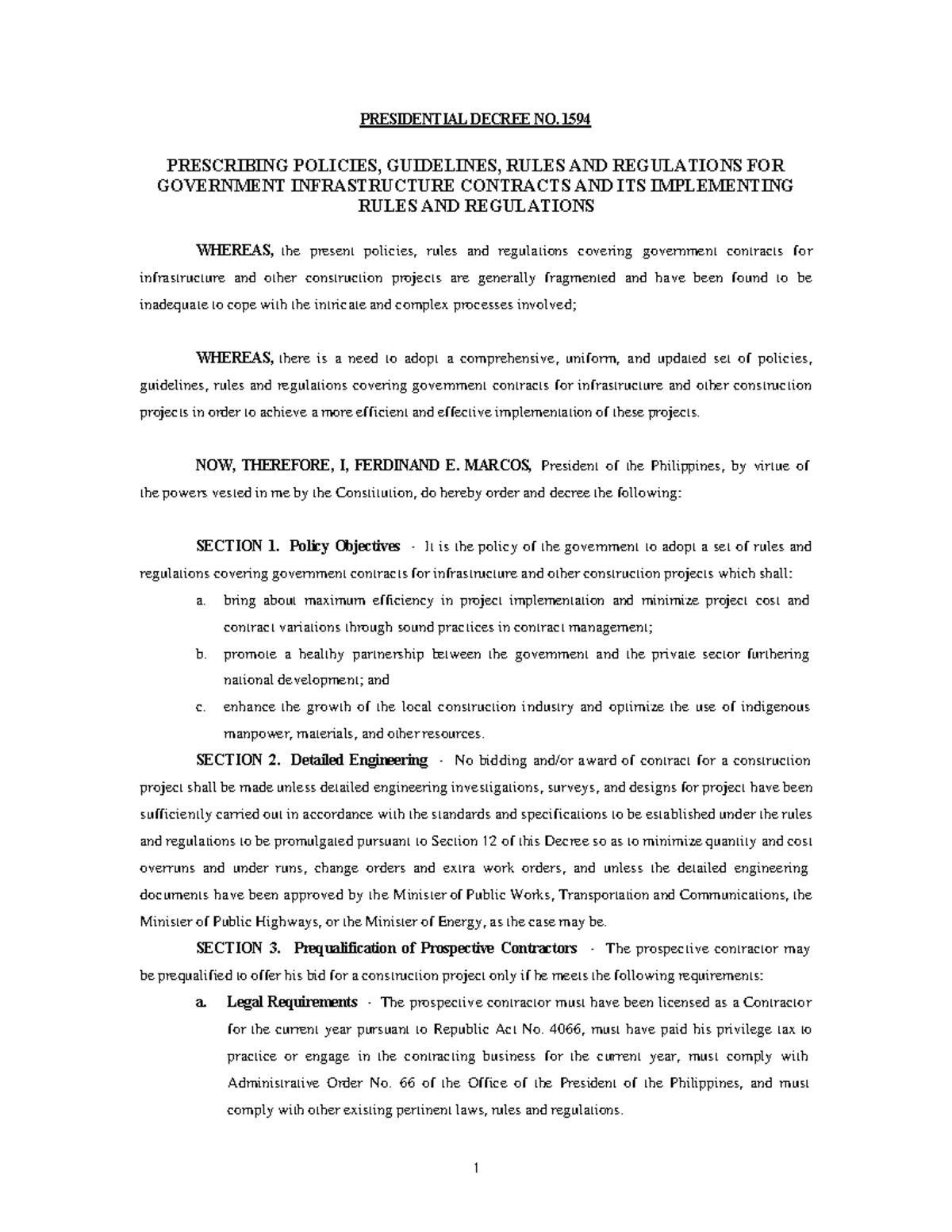 PD 1594 - Guidelines and Regulations for Civil Engineering Contracts in ...