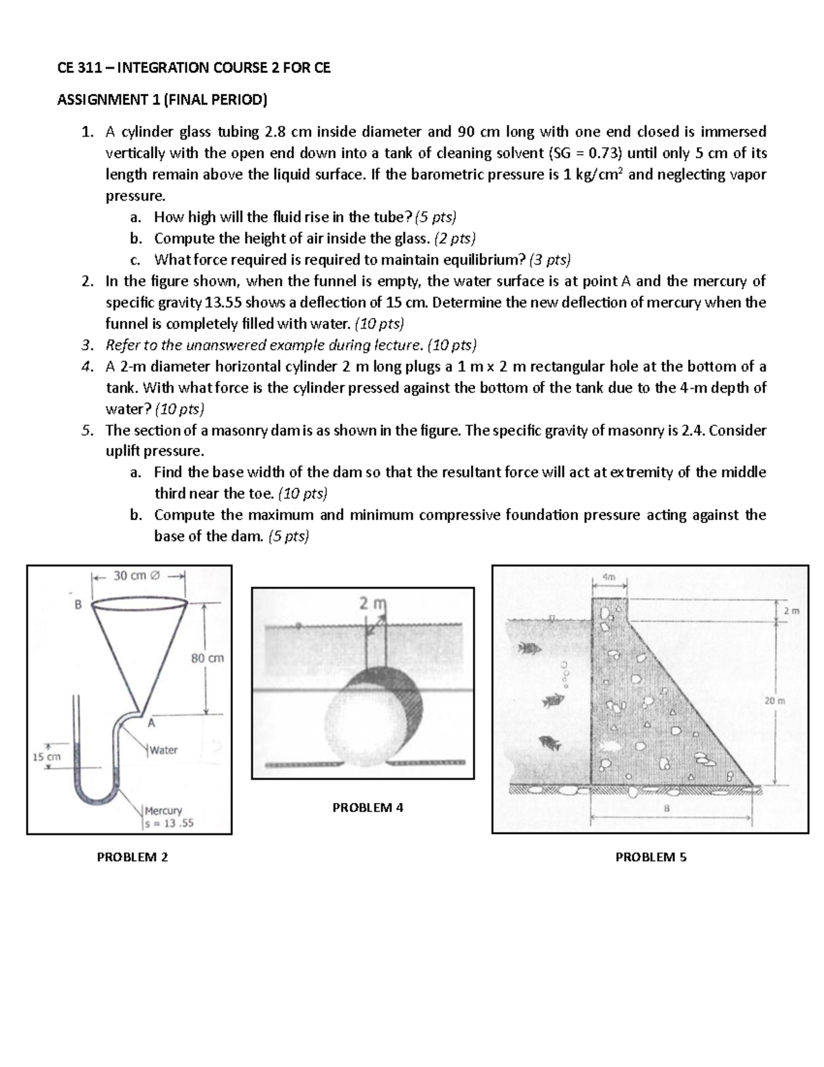 CE 311 - Fluid Mechanics Final Exam Assignment 1 Solutions - Studocu
