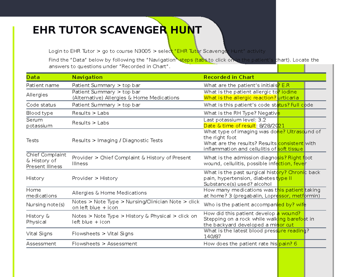 EHR Tutor Scavenger Hunt N3005: Data Navigation Guide - Studocu