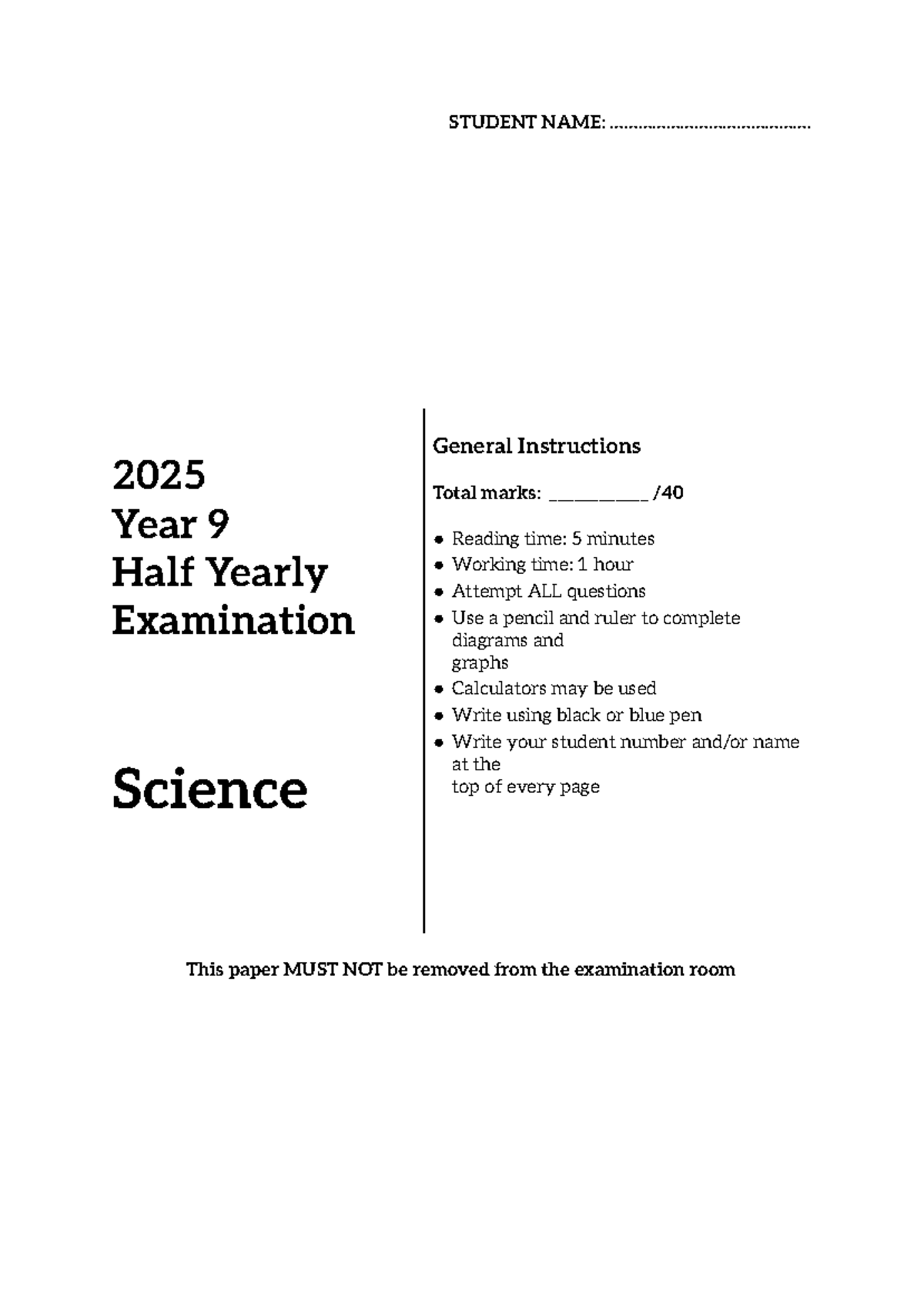2025 Science Year 9 Half Yearly Exam Practice Questions MG - Studocu