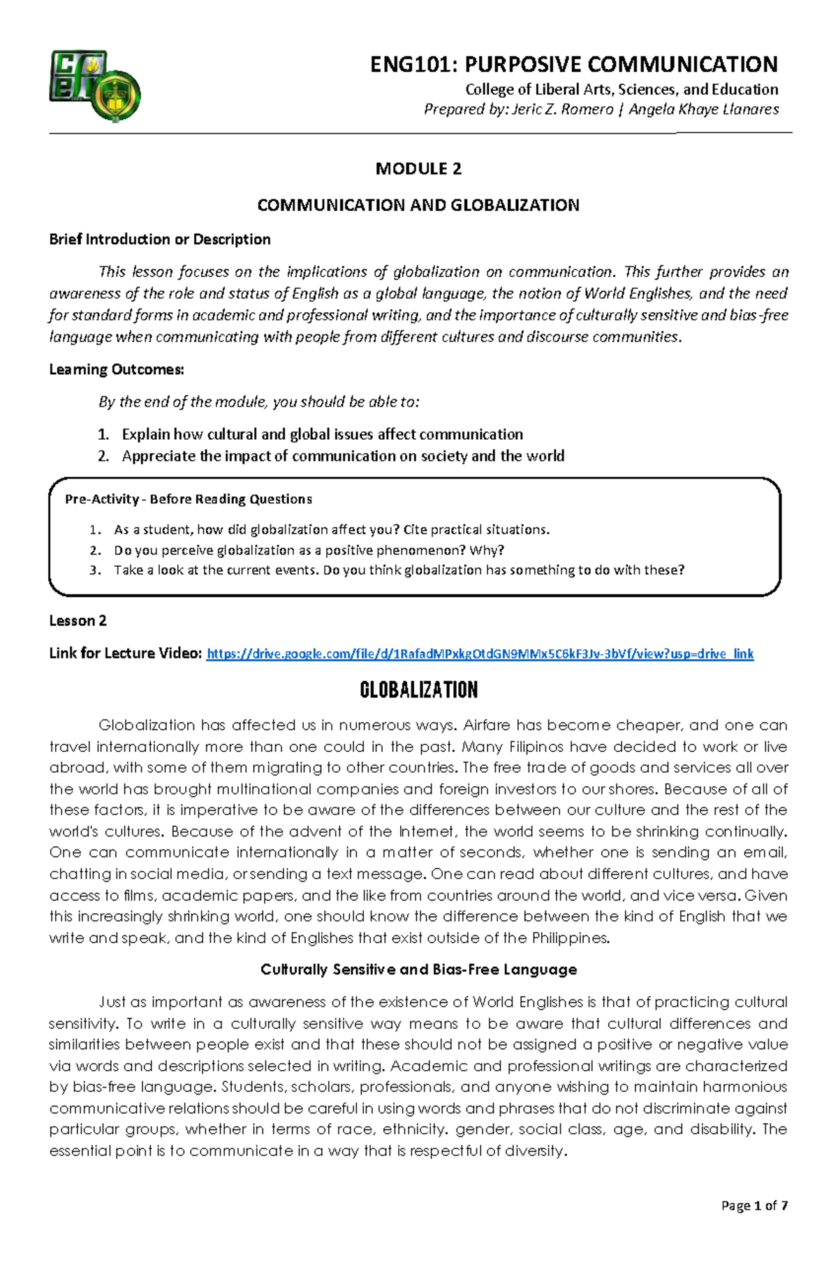 ENG101: Module 2 - Communication and Globalization Insights - Studocu