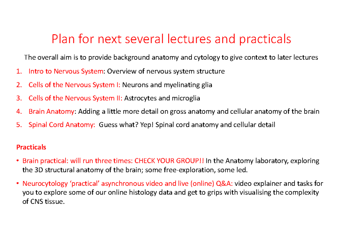 PHOL0005 Lecture & Practical Plan: Intro to Nervous System Overview ...