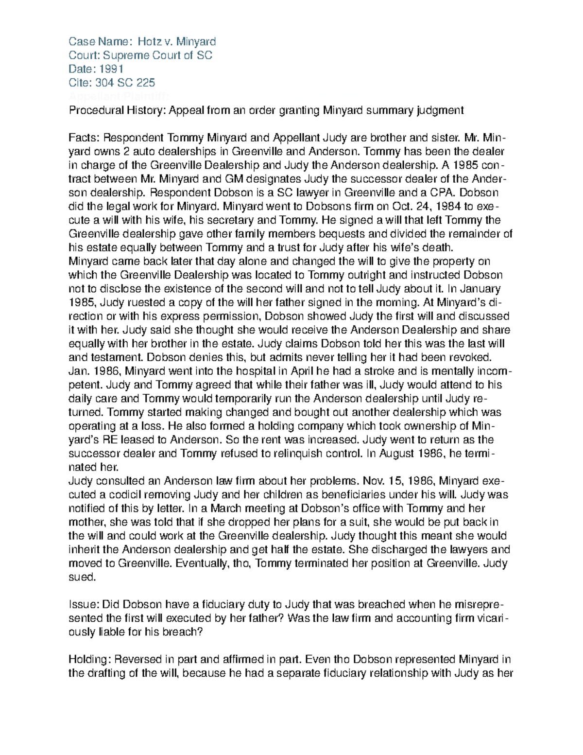 Hotz v. Minyard Trust and Estates 2019 Fall - Case Name: Hotz v ...