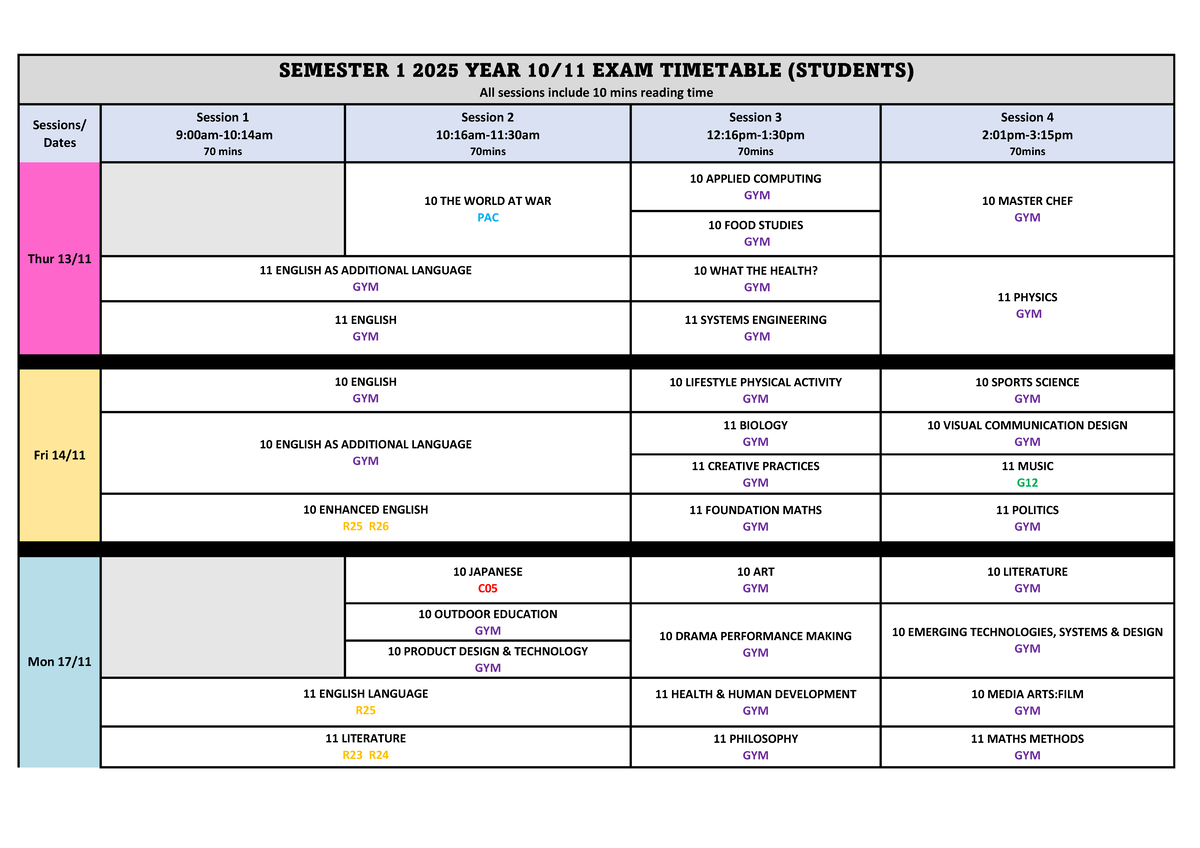Year 10 & 11 Semester 2 Exam Timetable 2025 (Students) - Studocu