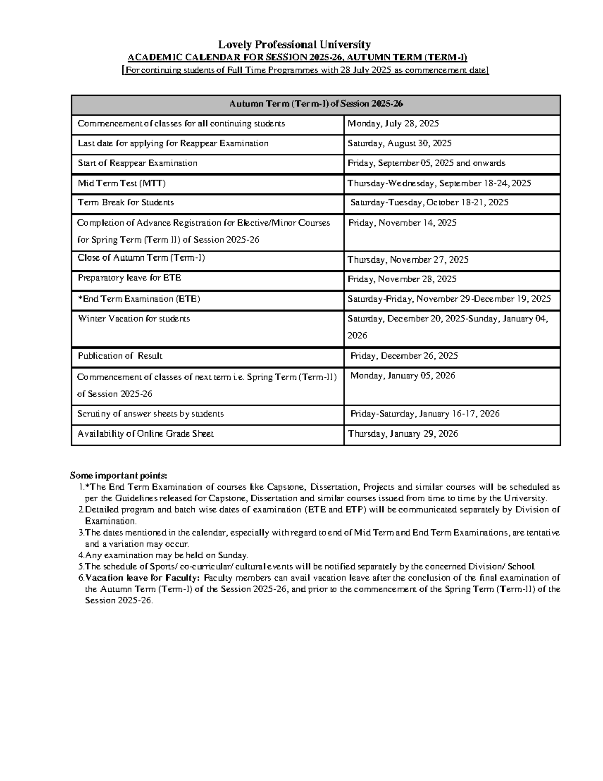LPU Academic Calendar for Full-Time Programs: Autumn Term 2025 - Studocu