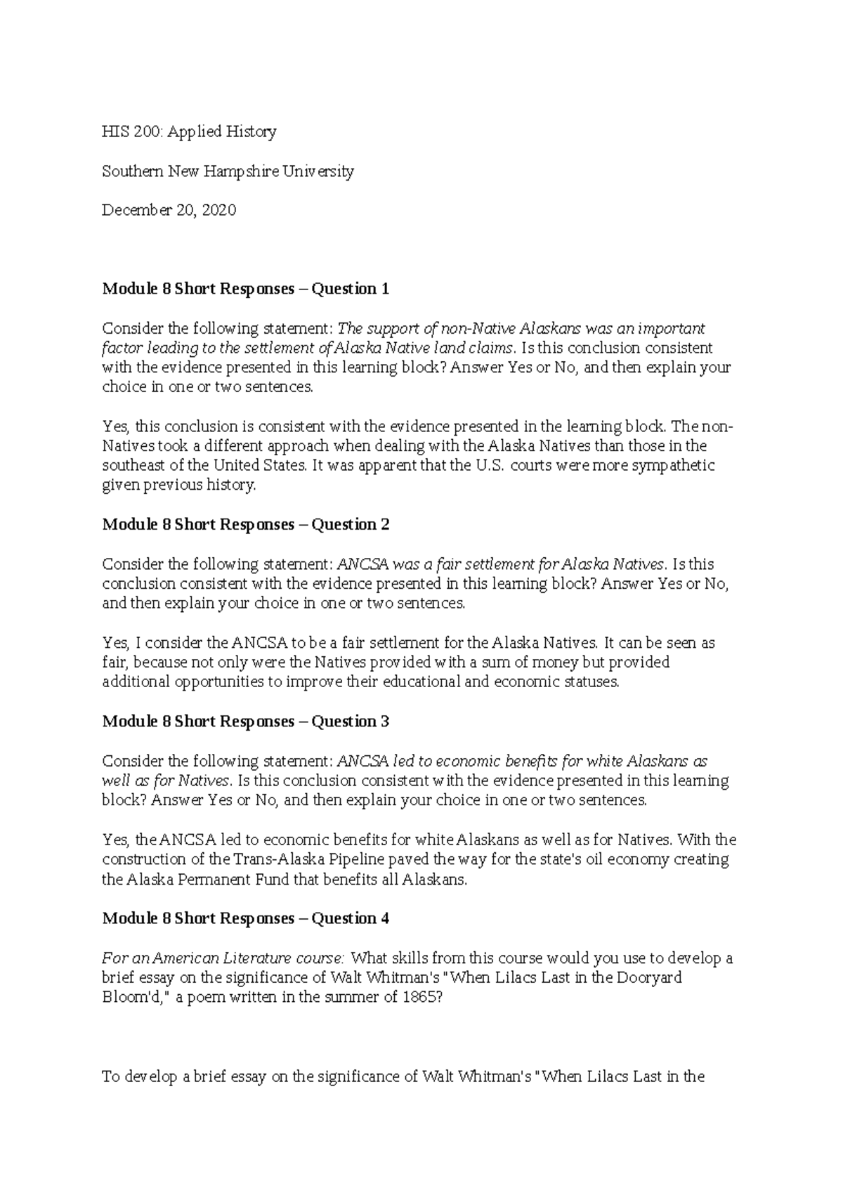 Module 8 Short Responses Overview for HIS 200: Applied History - Studocu