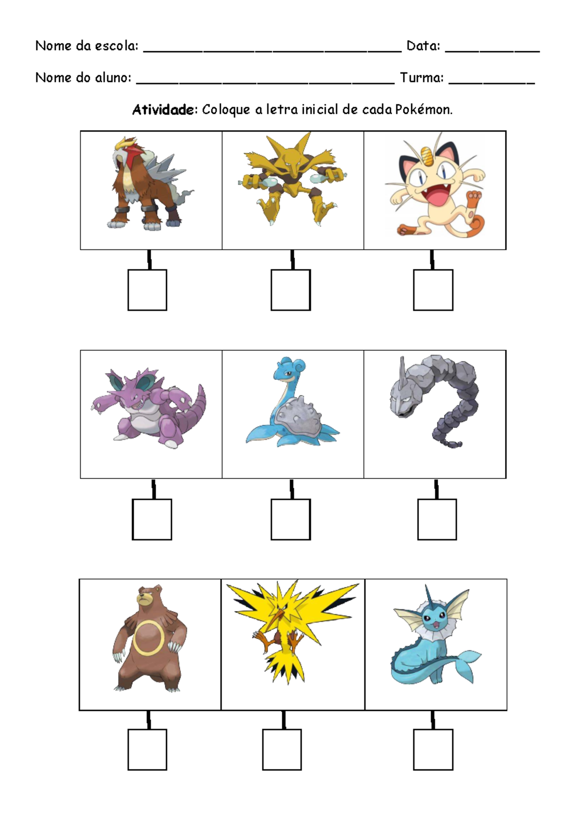Atividade Pokemon - letra inicial - Matemática - Nome da escola