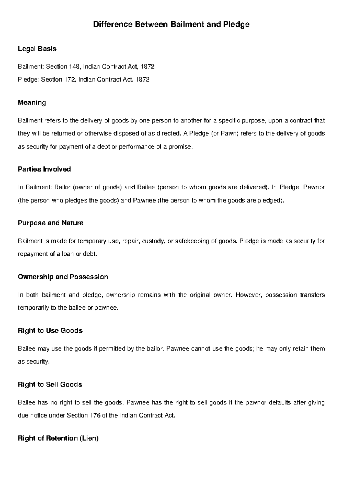 Difference Between Bailment & Pledge: Legal Aspects Explained - Studocu