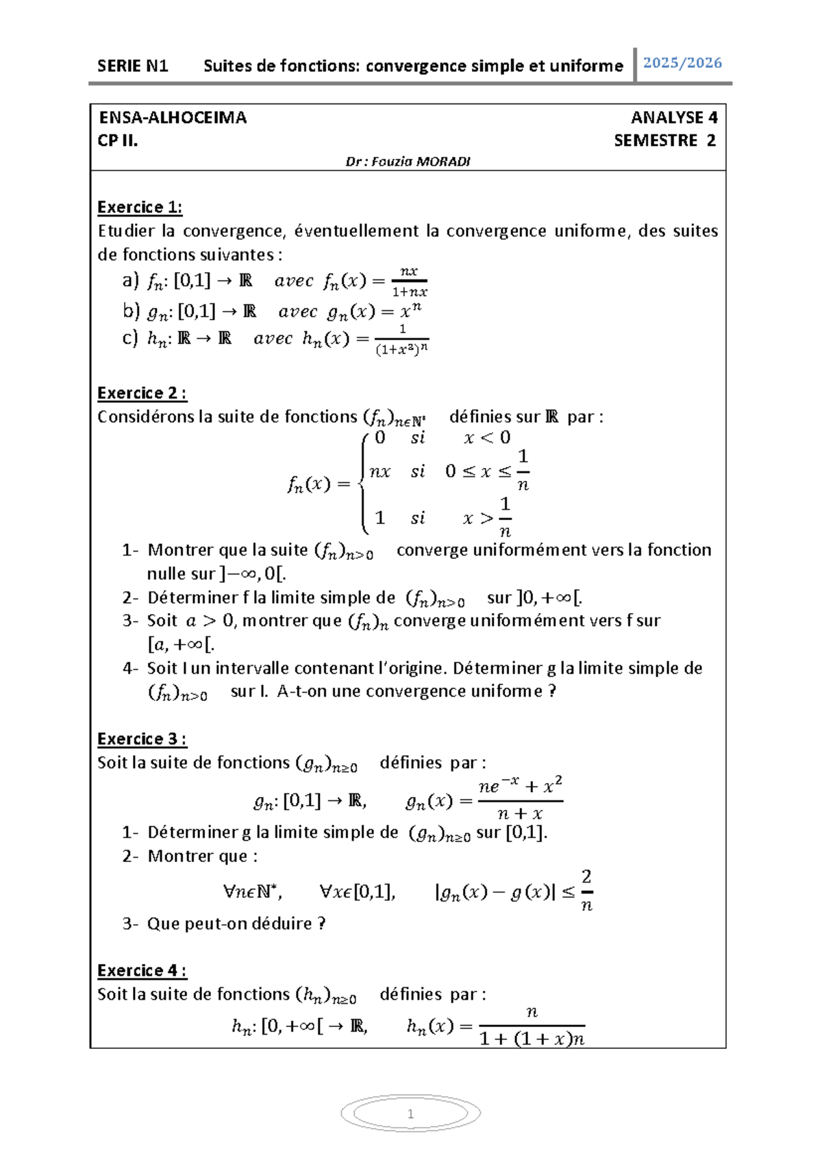 TD Suite de Fonctions: Convergence Simple et Uniforme CP II - Analyse 4 ...