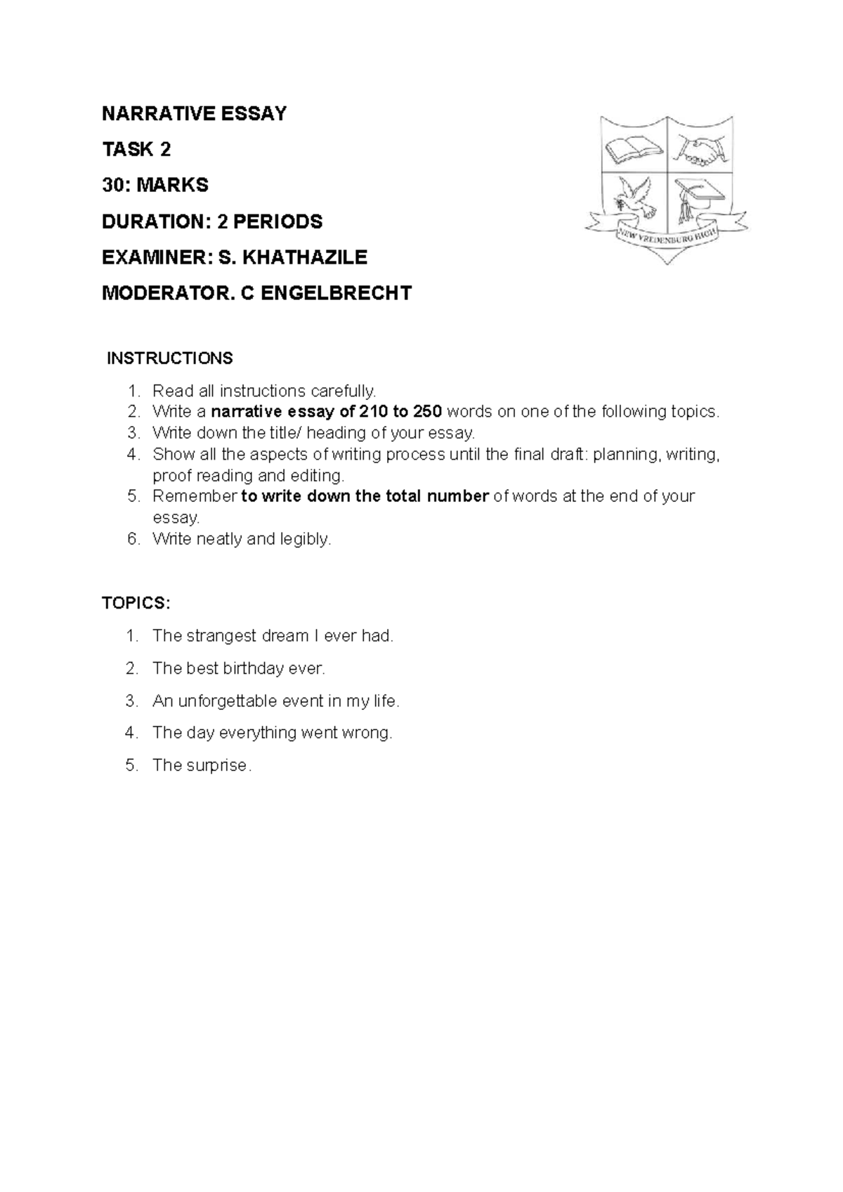 NARRATIVE ESSAY TASK 2: GUIDELINES & TOPICS - Studocu