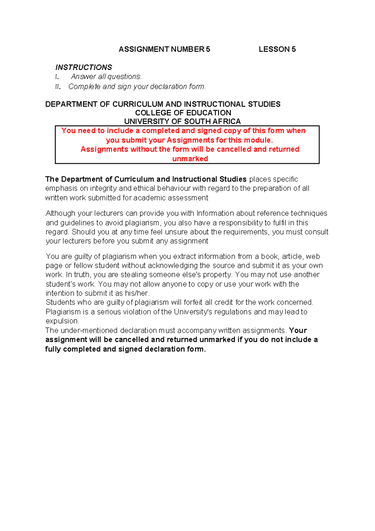 BPT 1501 Assignment 5: Integrity Guidelines and Declaration Form - Studocu