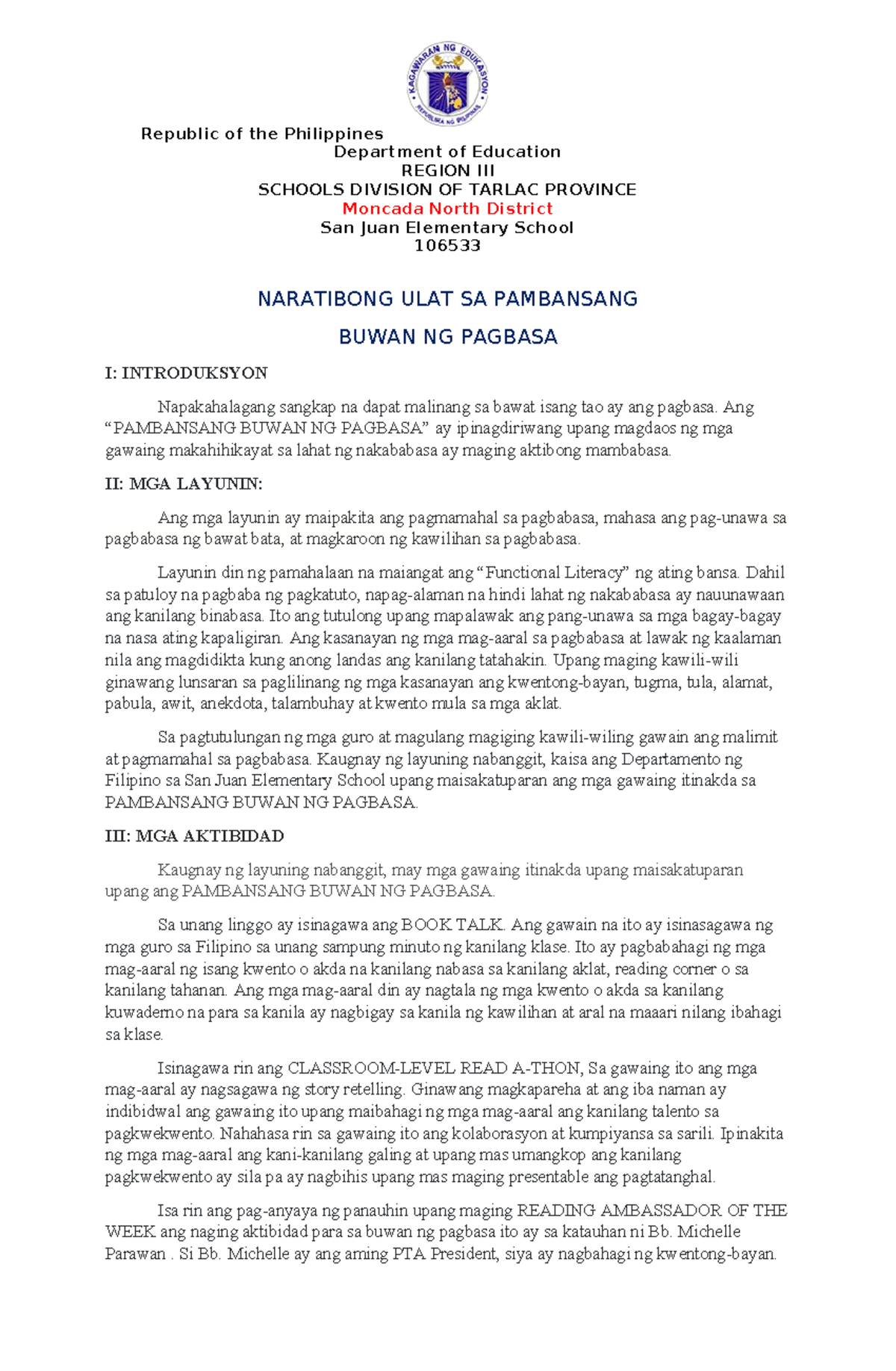 Naratibong ULAT Pambansang Buwan ng Pagbasa - Republic of the ...