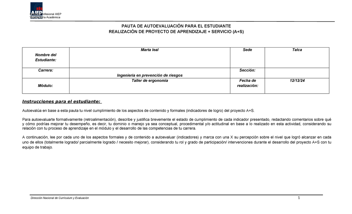 Pauta de Autoevaluación para Proyecto A+S - Ingeniería en Prevención de ...