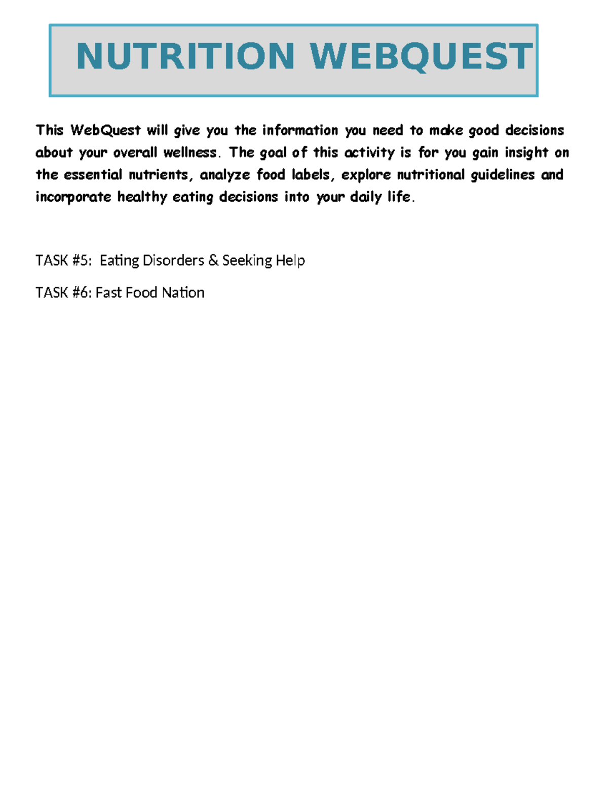 Nutrition WebQuest: Eating Disorders & Fast Food Analysis - NUTRITION ...