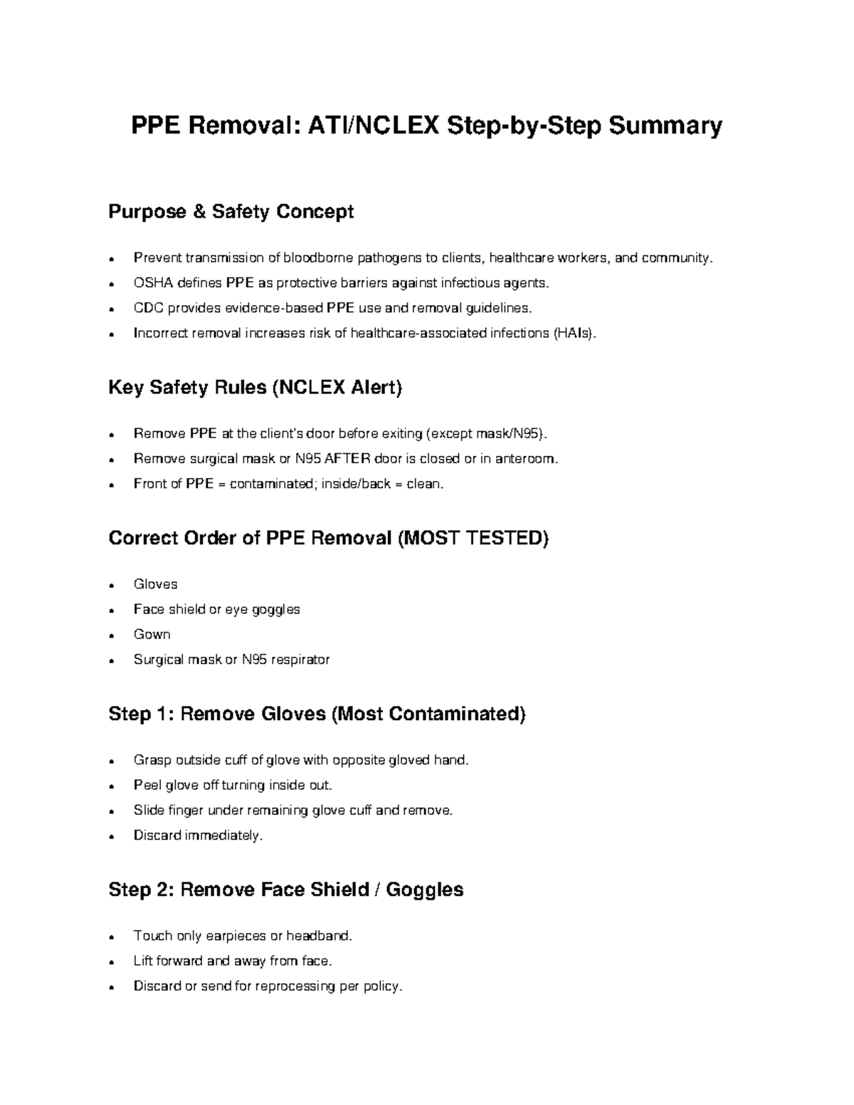 PPE Removal Guidelines: ATI NCLEX Summary for Safe Practices - Studocu
