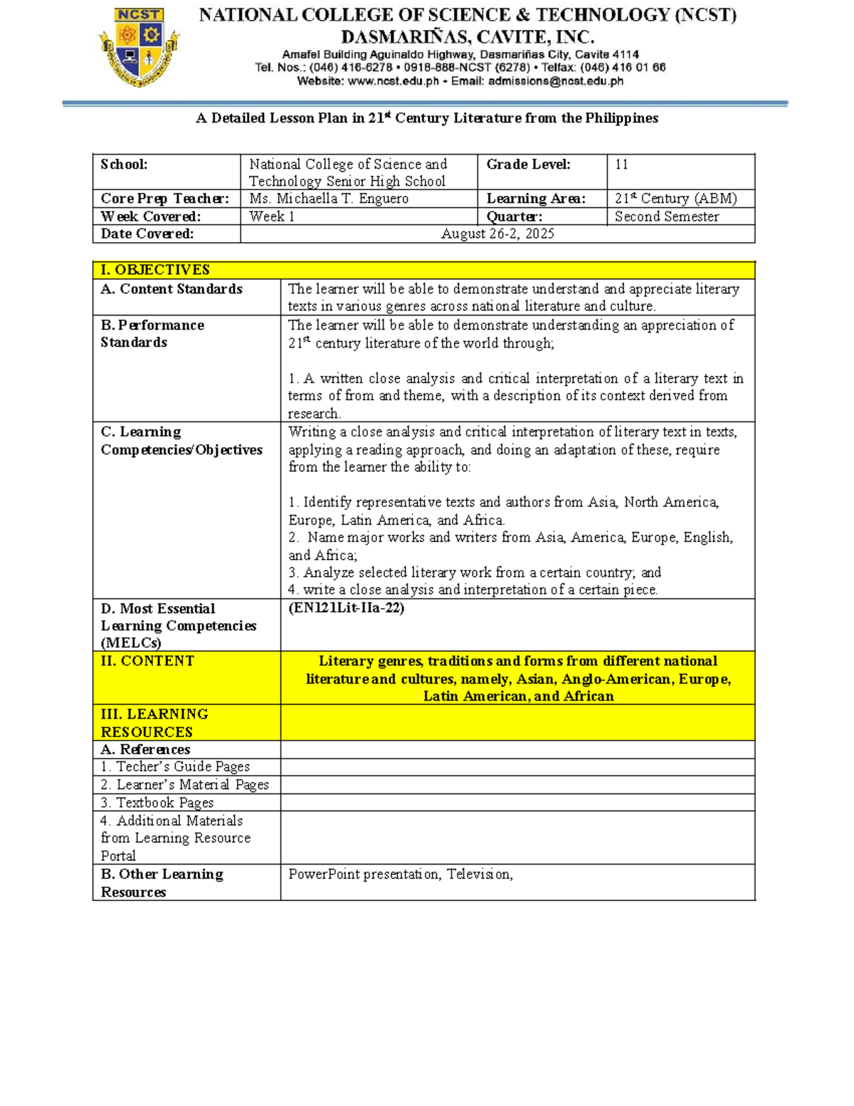 21st Century Literature Lesson Plan (ABM) - Week 1 Overview - Studocu