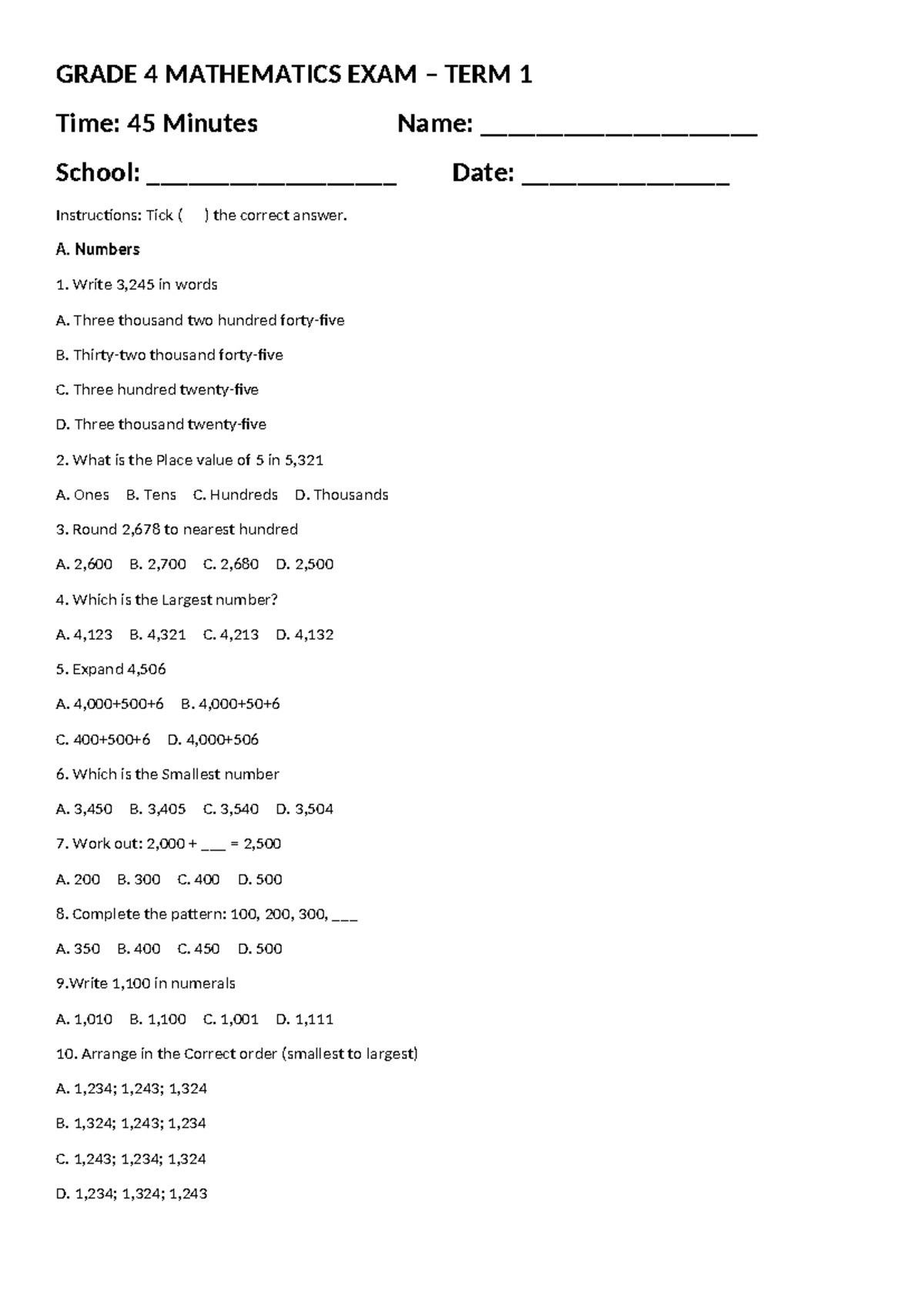 GRADE 4 MATHEMATICS TERM 1 EXAM QUESTIONS & ANSWERS - Studocu