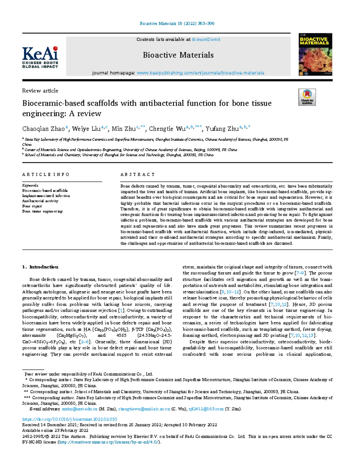 Bioceramic Scaffolds with Antibacterial Functions for Bone Tissue ...