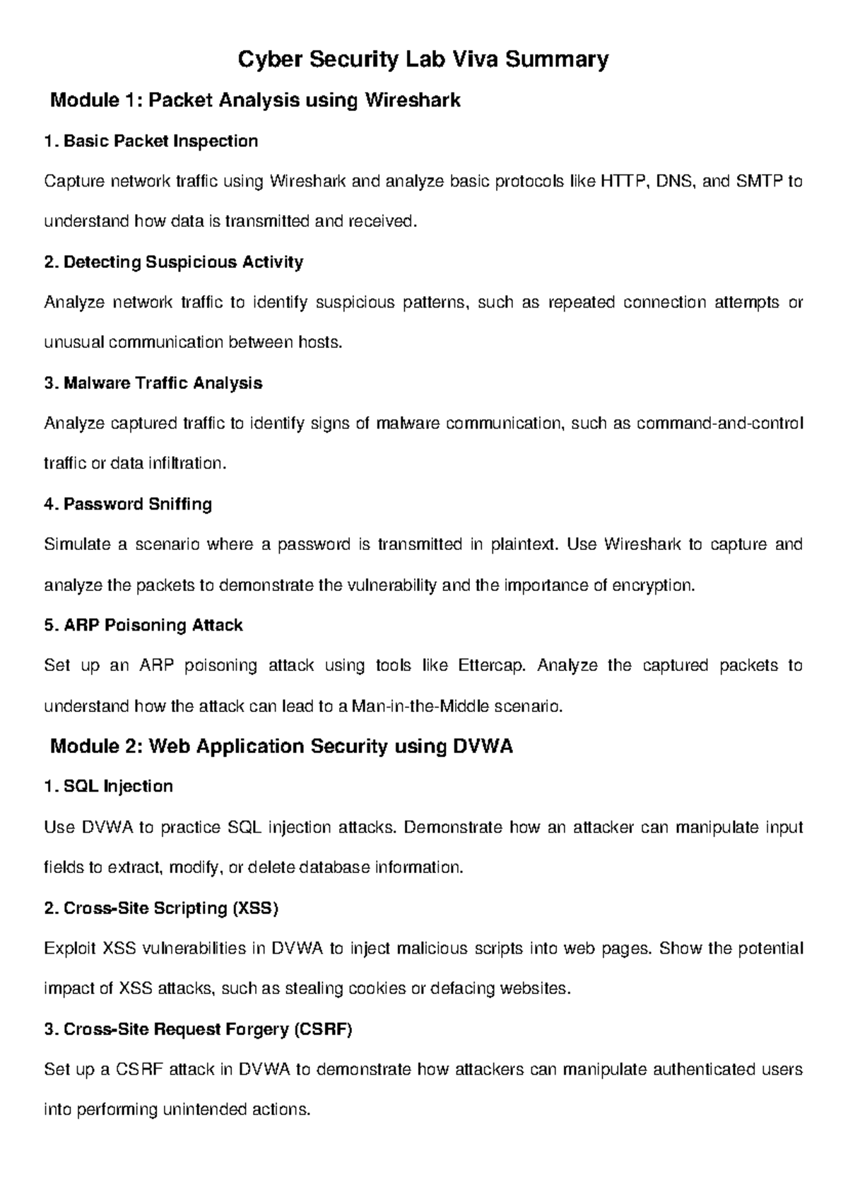 Cyber Security Lab Viva Summary: Packet Analysis & Web App Sec - Studocu