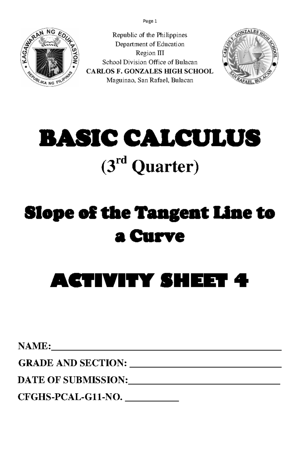 Basic Calculus Activity Sheet: Week 4 (3rd Quarter) - Studocu