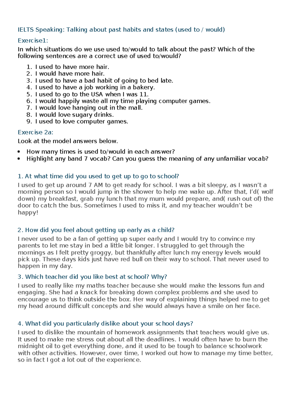 W1D3 - IELTS Speaking: Past Habits & States (Used to & Would) - Studocu