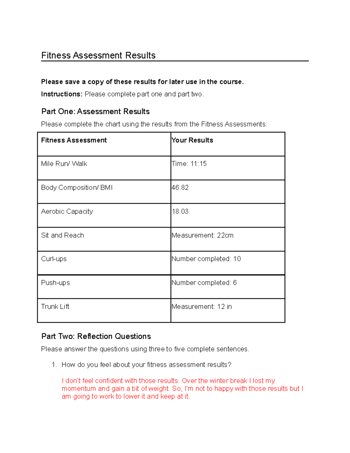 Fitness Assessment & Reflection Results (Course Code: 01 03 04) - Studocu