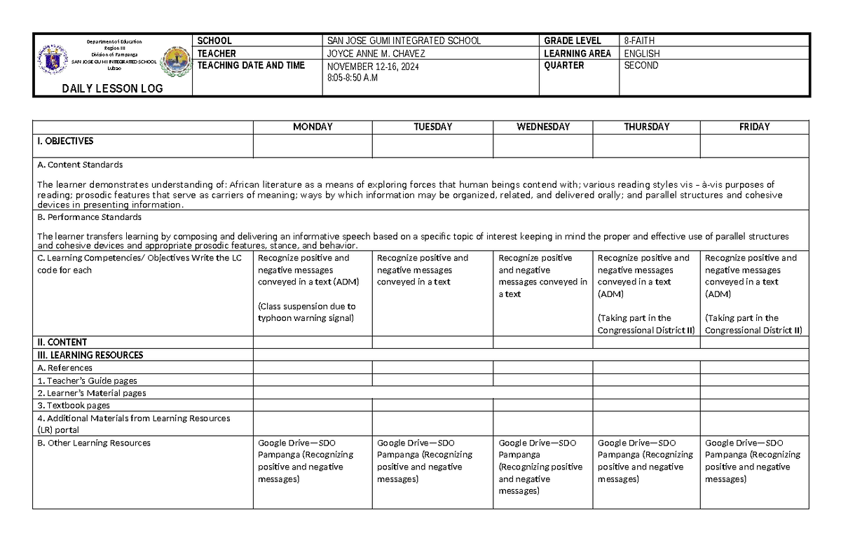 English-8 - kjnjk - DAILY LESSON LOG SCHOOL SAN JOSE GUMI INTEGRATED ...