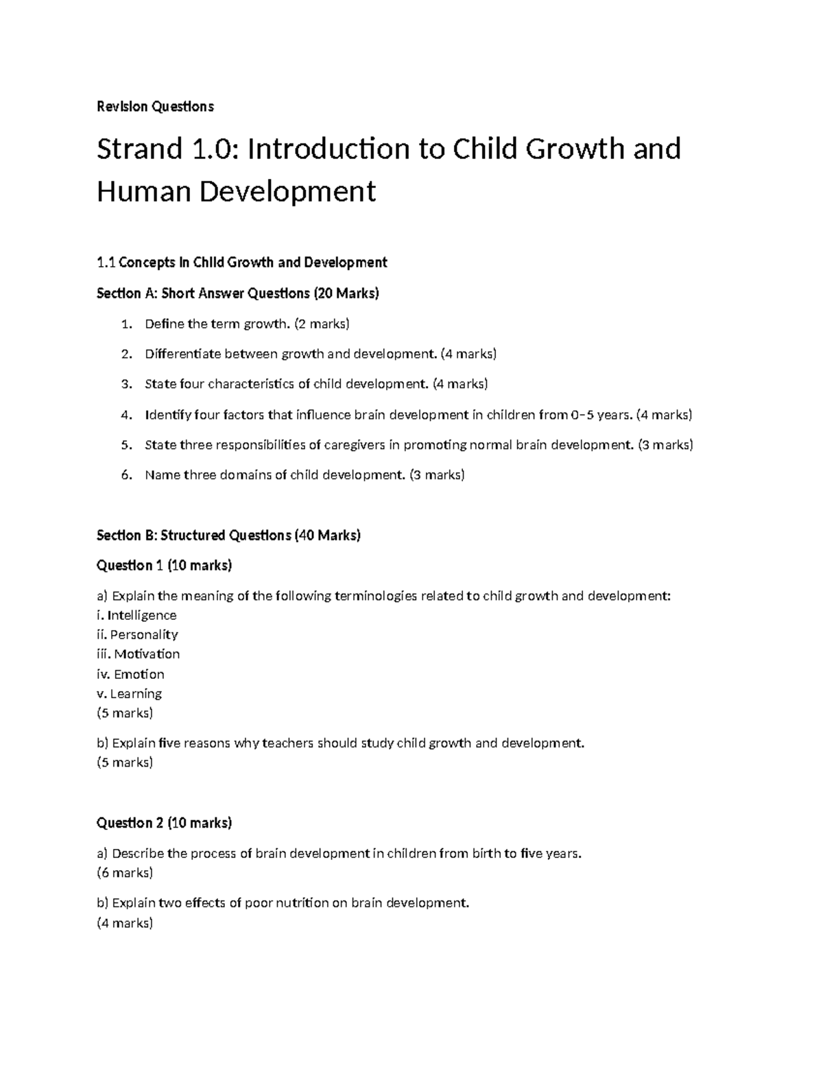 CDP 1.0: Revision Questions on Child Growth & Development - Studocu