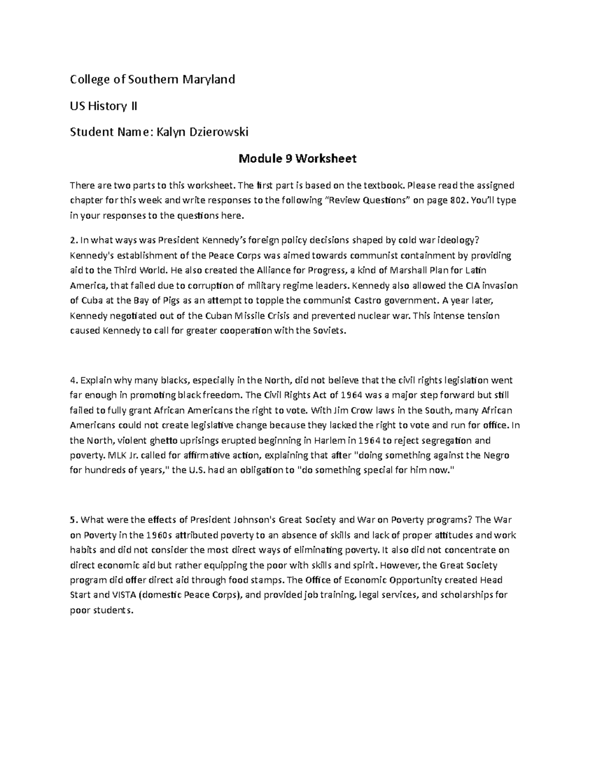 Module 9 Worksheet: US History II HST 1032 - The 1960s Analysis - Studocu
