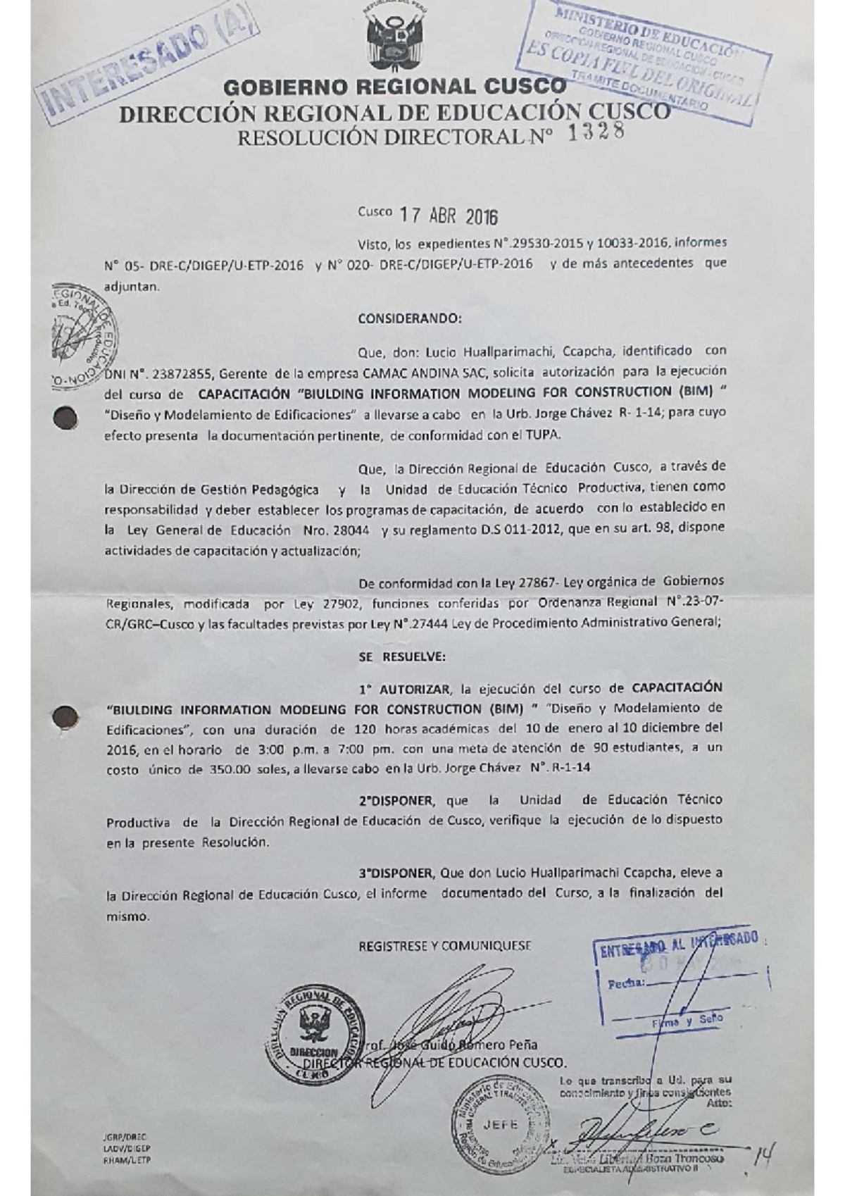 Resolución Directoral 1328 y 1329: Cursos de Capacitación 2016 CU300 ...