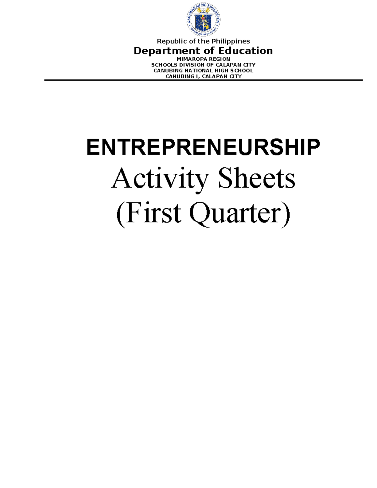 Activity Sheets IN Entrep - Department of Education MIMAROPA REGION SCHOOLS DIVISION OF CALAPAN ...