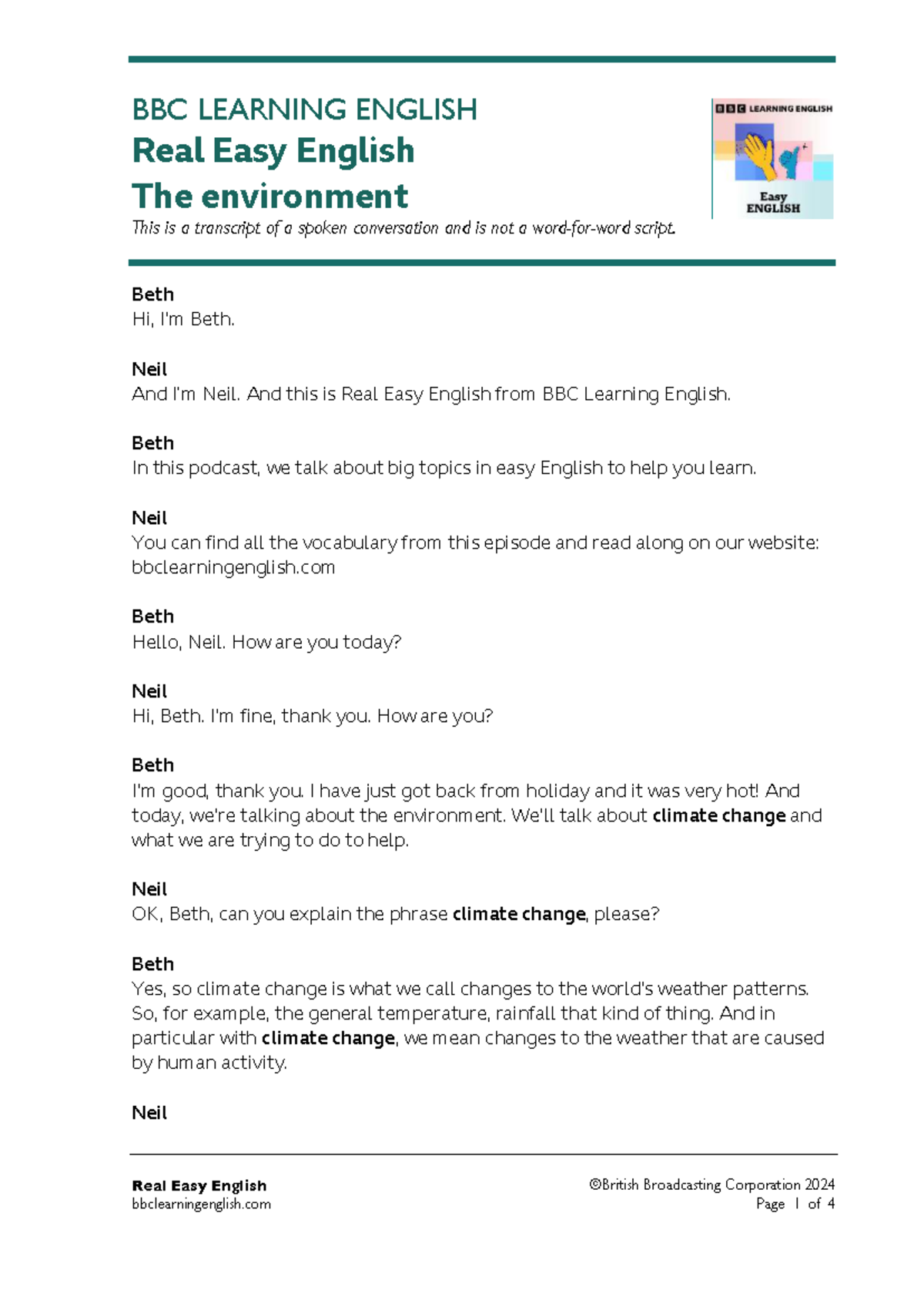 BBC LEARNING ENGLISH Real Easy English: The Environment Podcast - Studocu