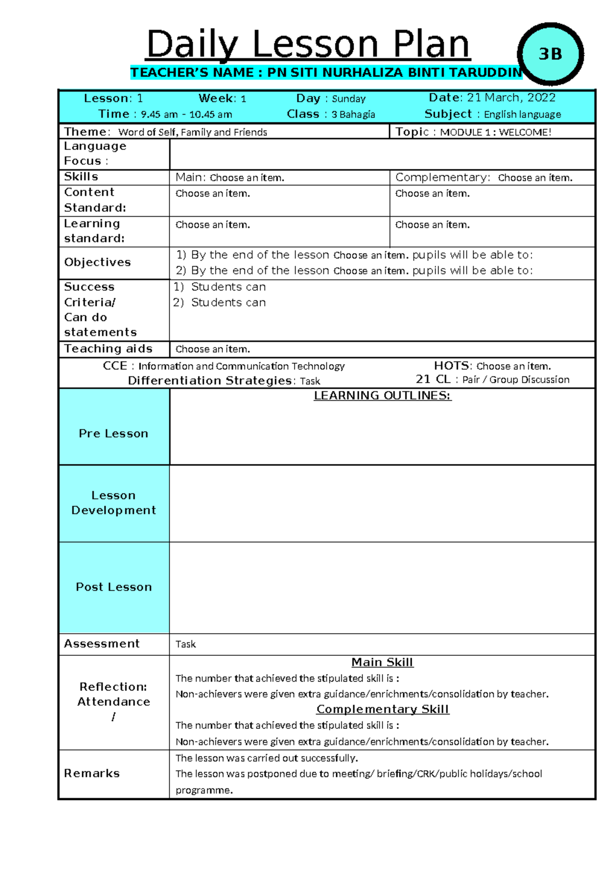 Daily Lesson Plan for English Language - Class 3B (Module 1: Welcome ...