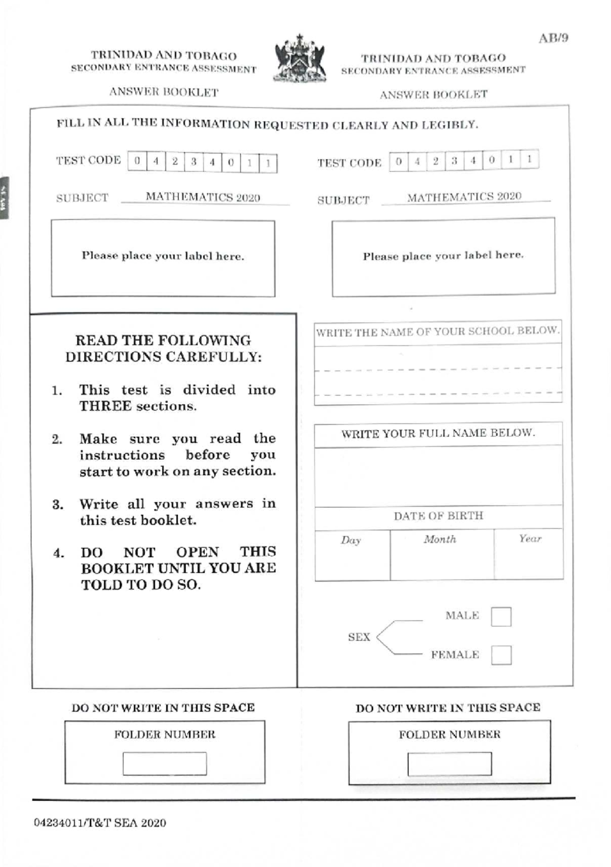 SEA Math 2020 - Past Paper Answer Booklet - Studocu