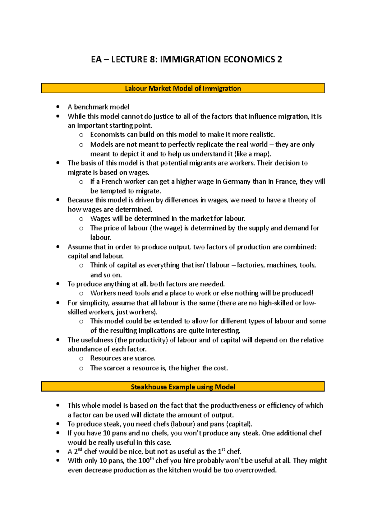 Lecture 8 - EA – LECTURE 8: IMMIGRATION ECONOMICS 2 Labour Market Model ...