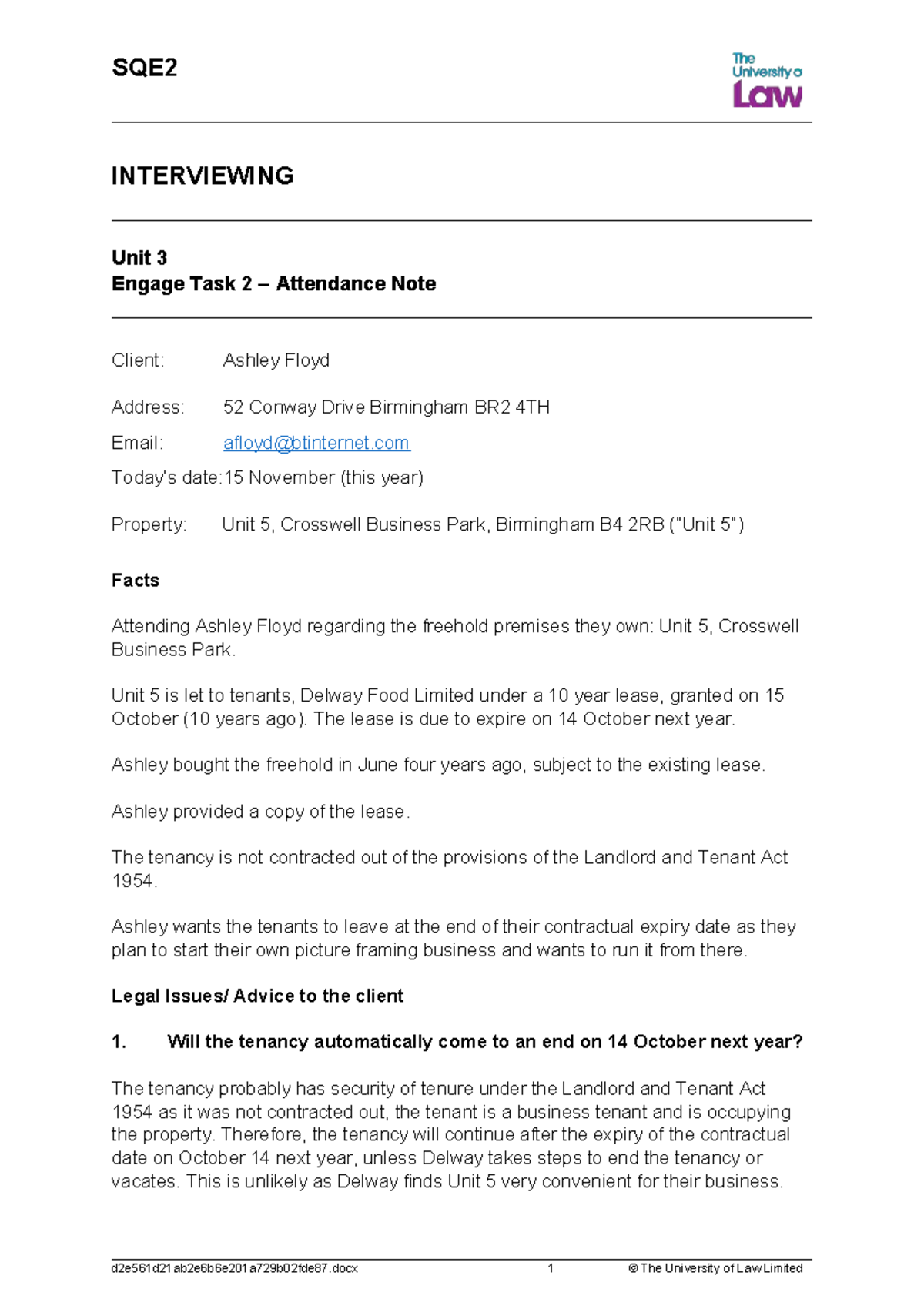 SQE2 INTERVIEWING Unit 3 Attendance Note: Client Ashley Floyd - Studocu