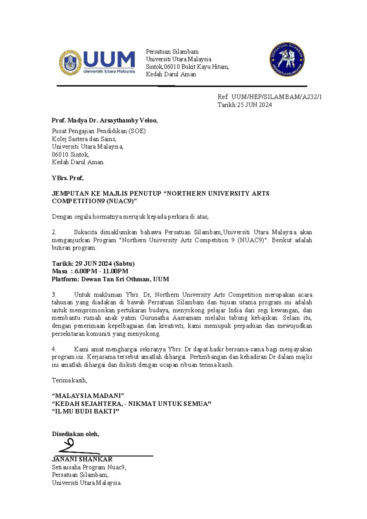 Surat Jemputan VIP untuk Majlis Penutup NUAC9 di UUM - Studocu