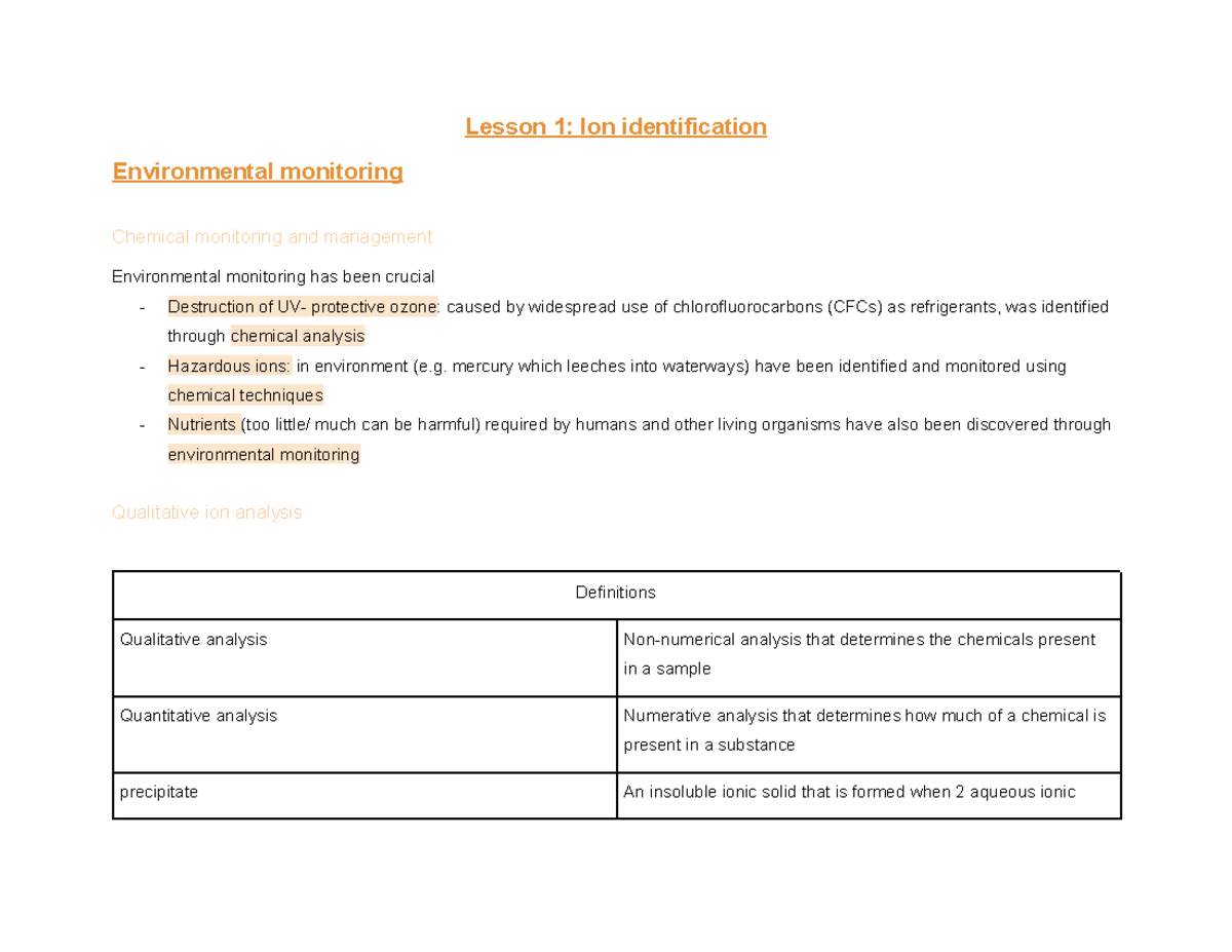 CHEM 8: Lesson 1 - Ion Identification & Environmental Monitoring - Studocu