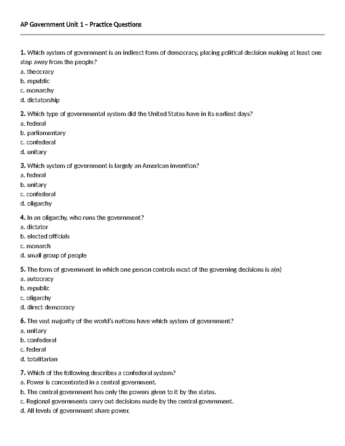 AP Government Unit 1 Practice Test Questions and Answers - Studocu